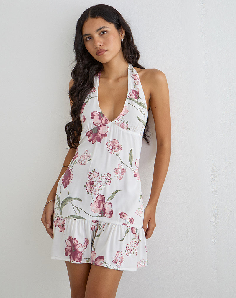 White Femme Floral Printed Halterneck Mini Dress | Deliana – motelrocks ...