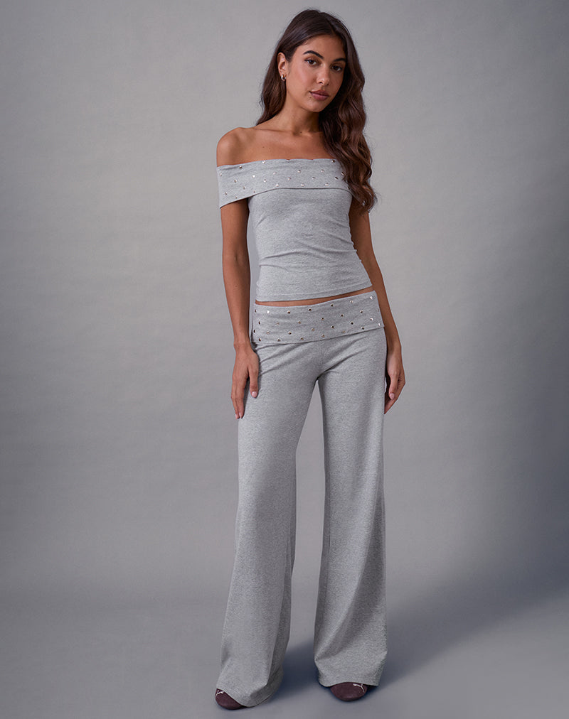Grey Marl Bardot Fold Over Studded Top | Eulala – motelrocks-com-eur
