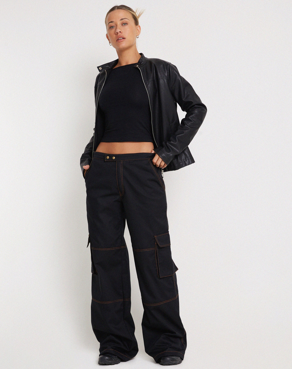Black with Orange Stitching Wide Leg Cargo Trouser | Saul – motelrocks ...