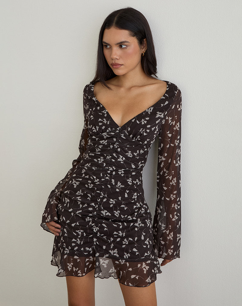 Brown Chiffon Floral Print Long Sleeve Mini Dress | Sumiko – motelrocks ...