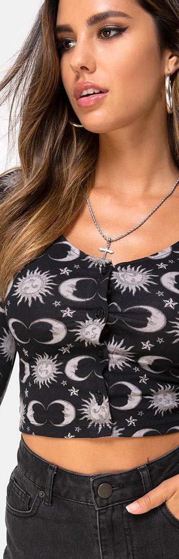 Long Sleeve Black and White Moon Print Crop Top | Carla – motelrocks ...