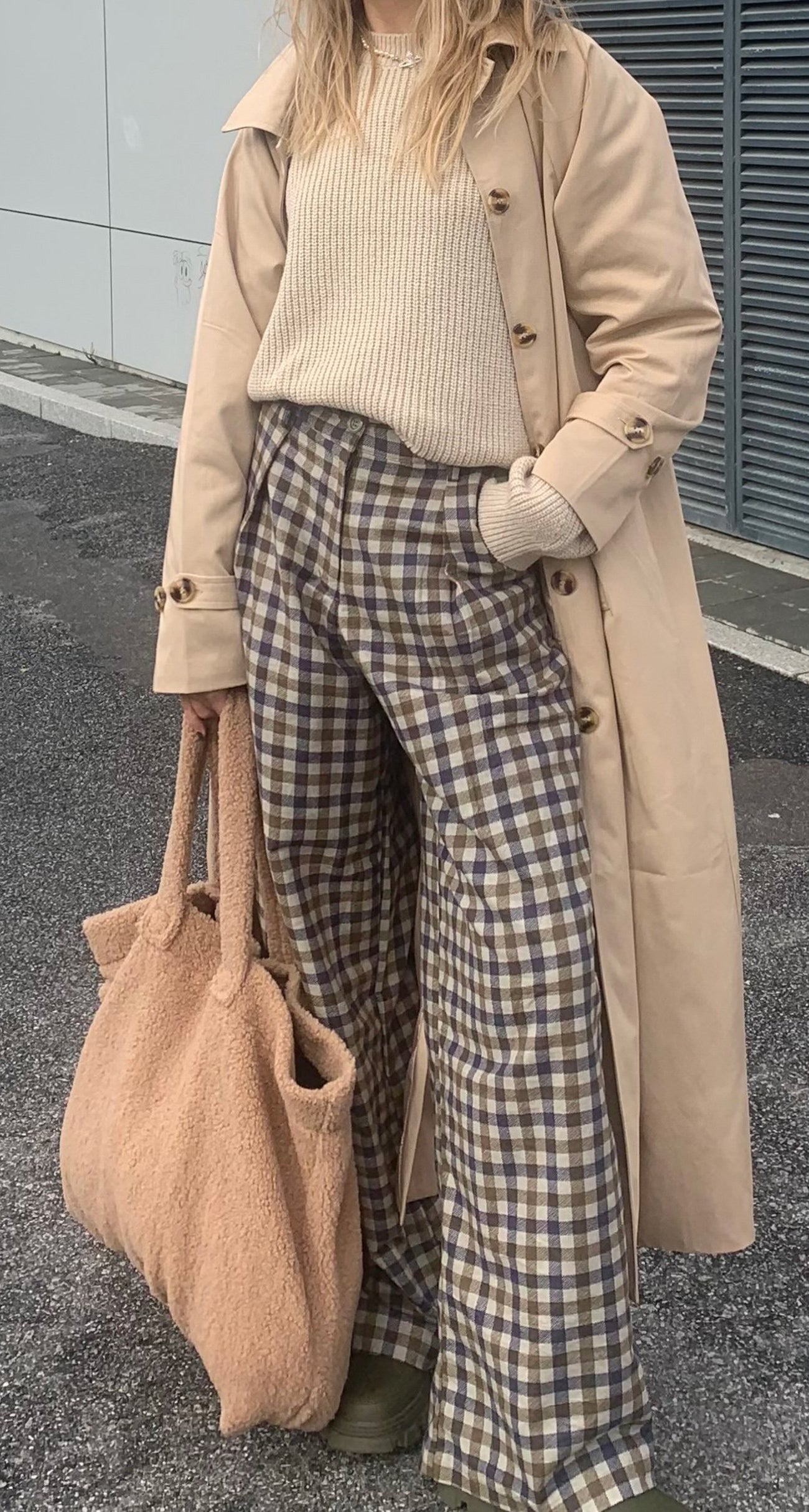 High Waist Tan and Navy Check Wide Leg Trouser | Yeva – motelrocks-com-eur