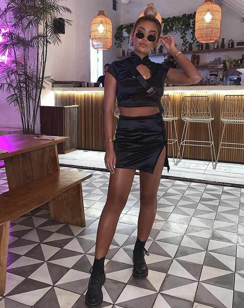 High Neck Cutout Satin Black Crop Top | Lina – motelrocks-com-eur